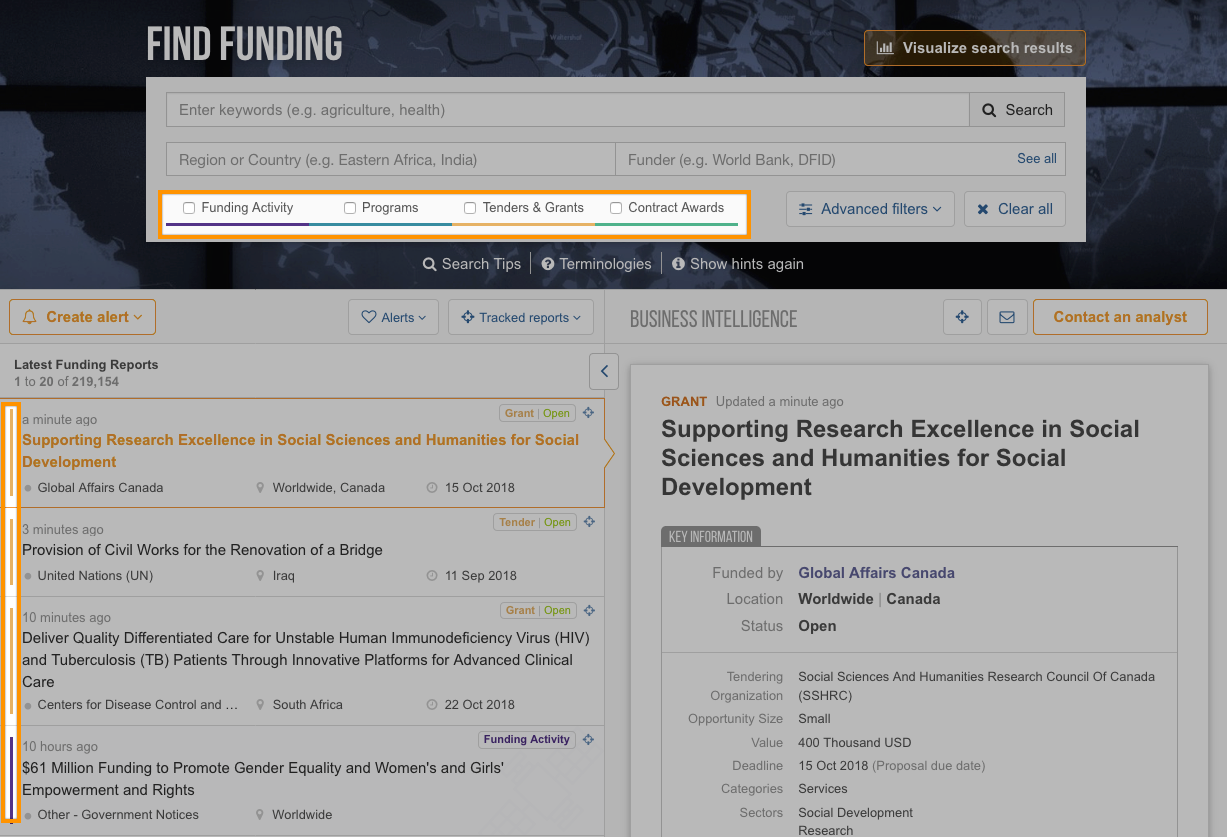Using the funding search – Devex